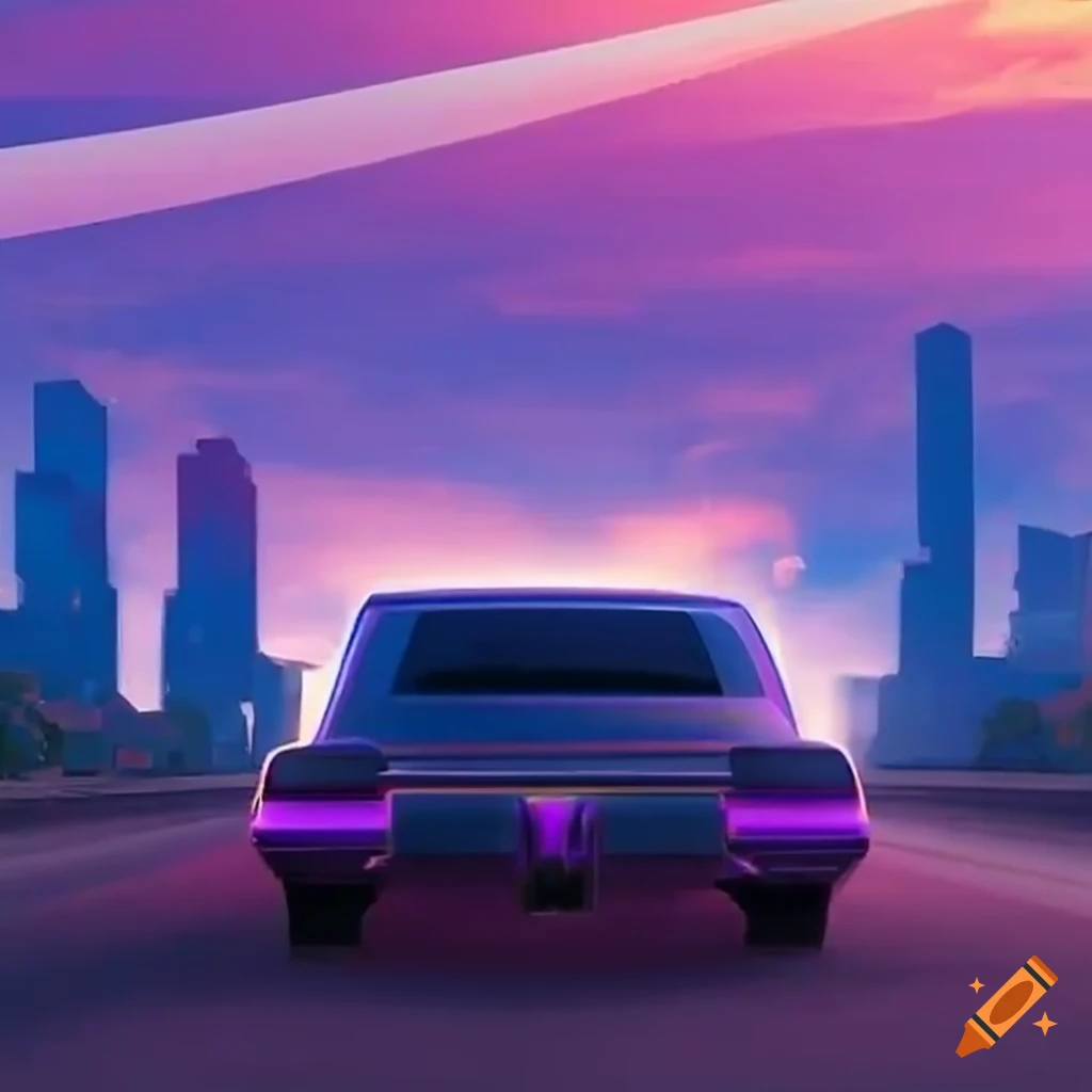 Retrowave car driving into a sunlit city