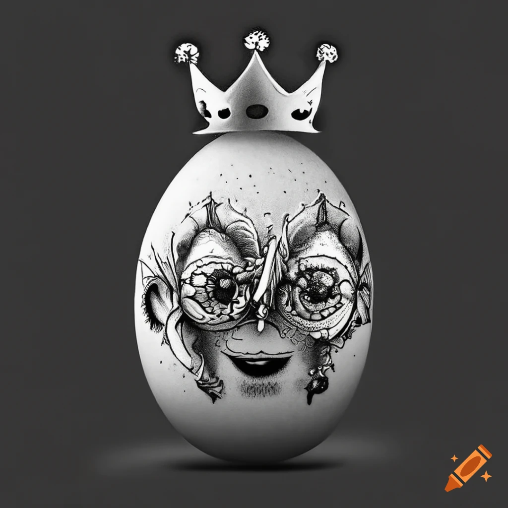 Detailed tattoo of a crowned egg on a black background on Craiyon