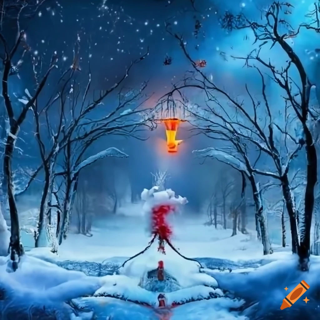 Surrealistic winter landscape with sparkles and strange creatures on ...