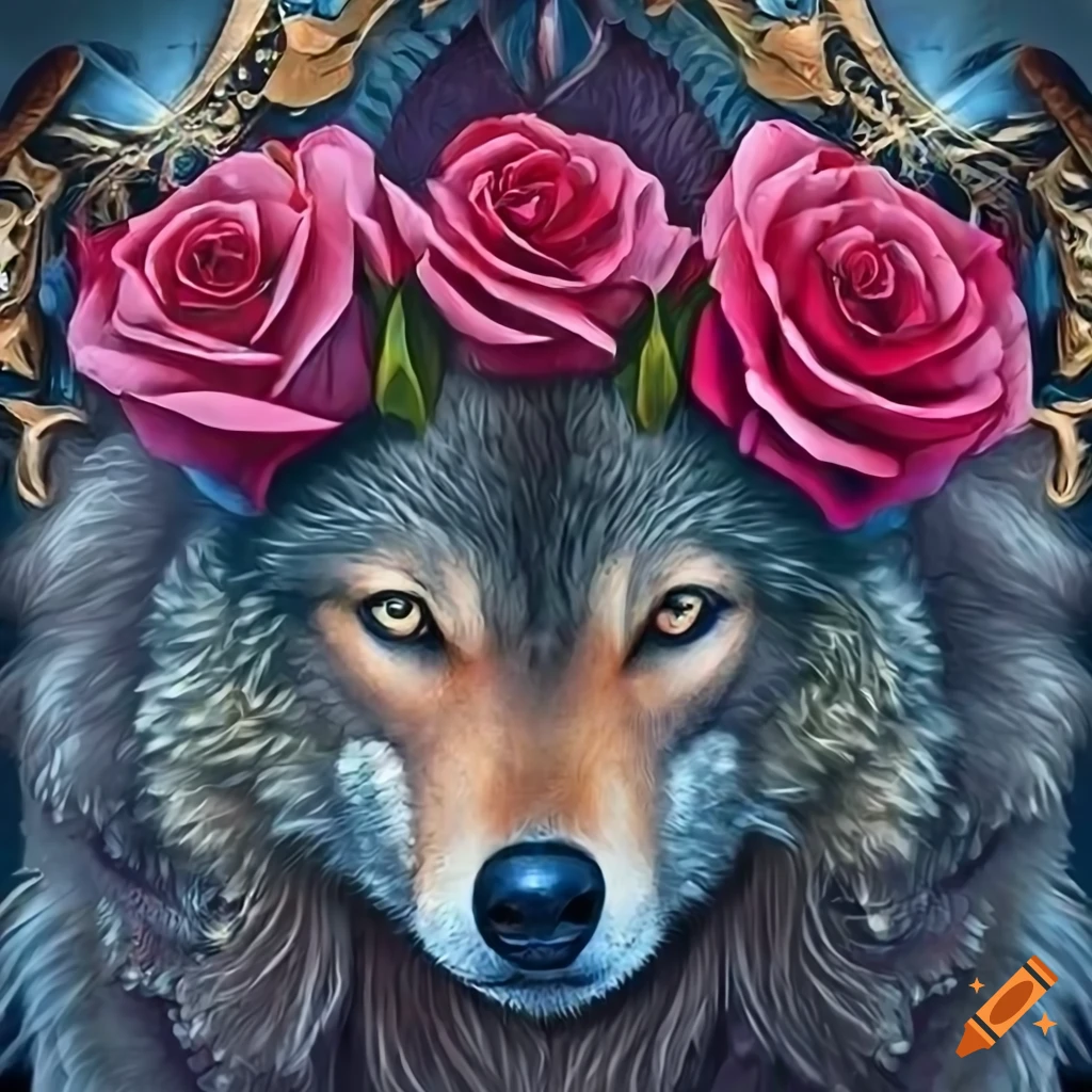 Art deco poster of a crowned wolf with red roses on Craiyon