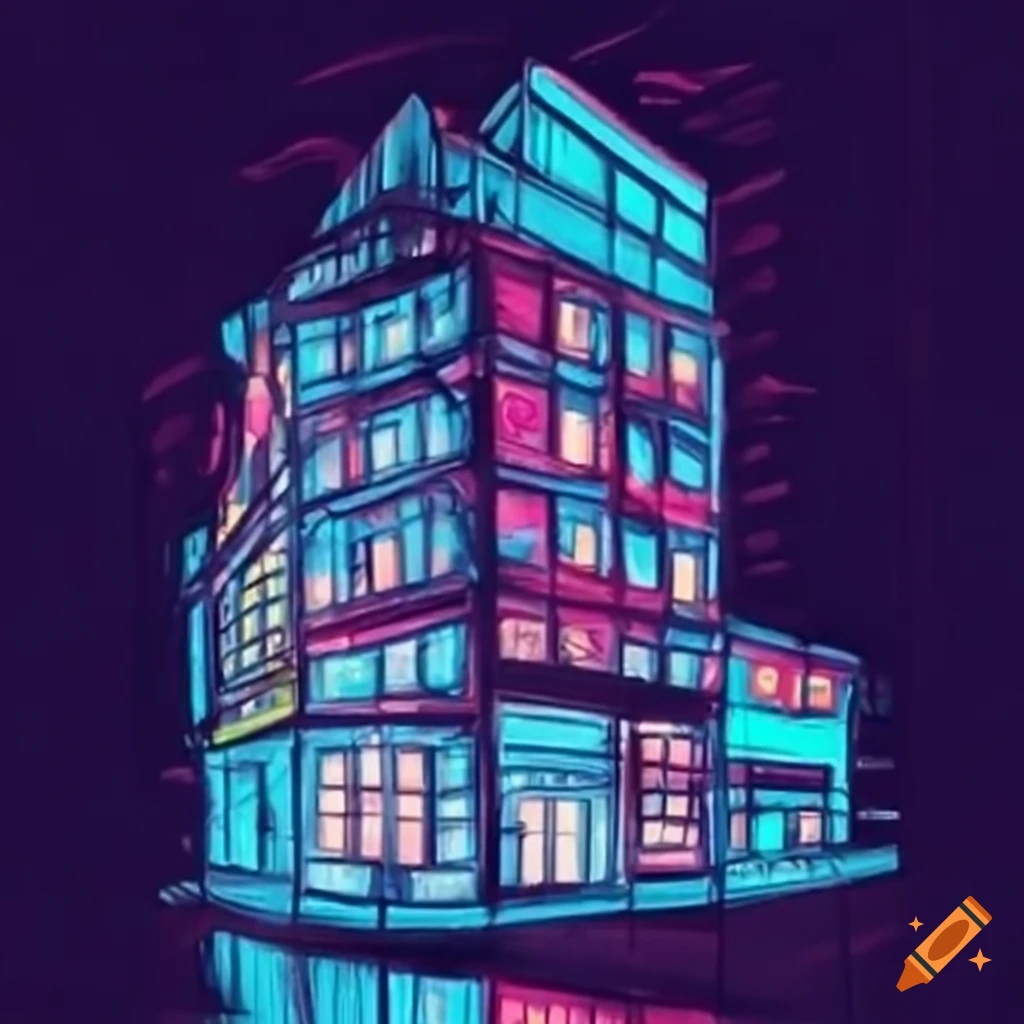 Night view of a modular building with vibrant neon lights
