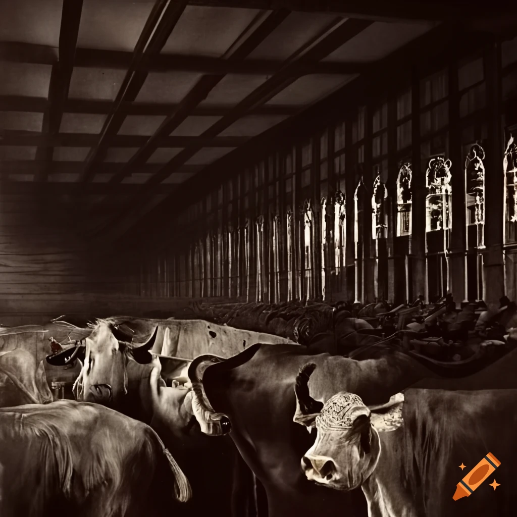Black and white photo of cattle inside a 1900s world's fair cattle palace