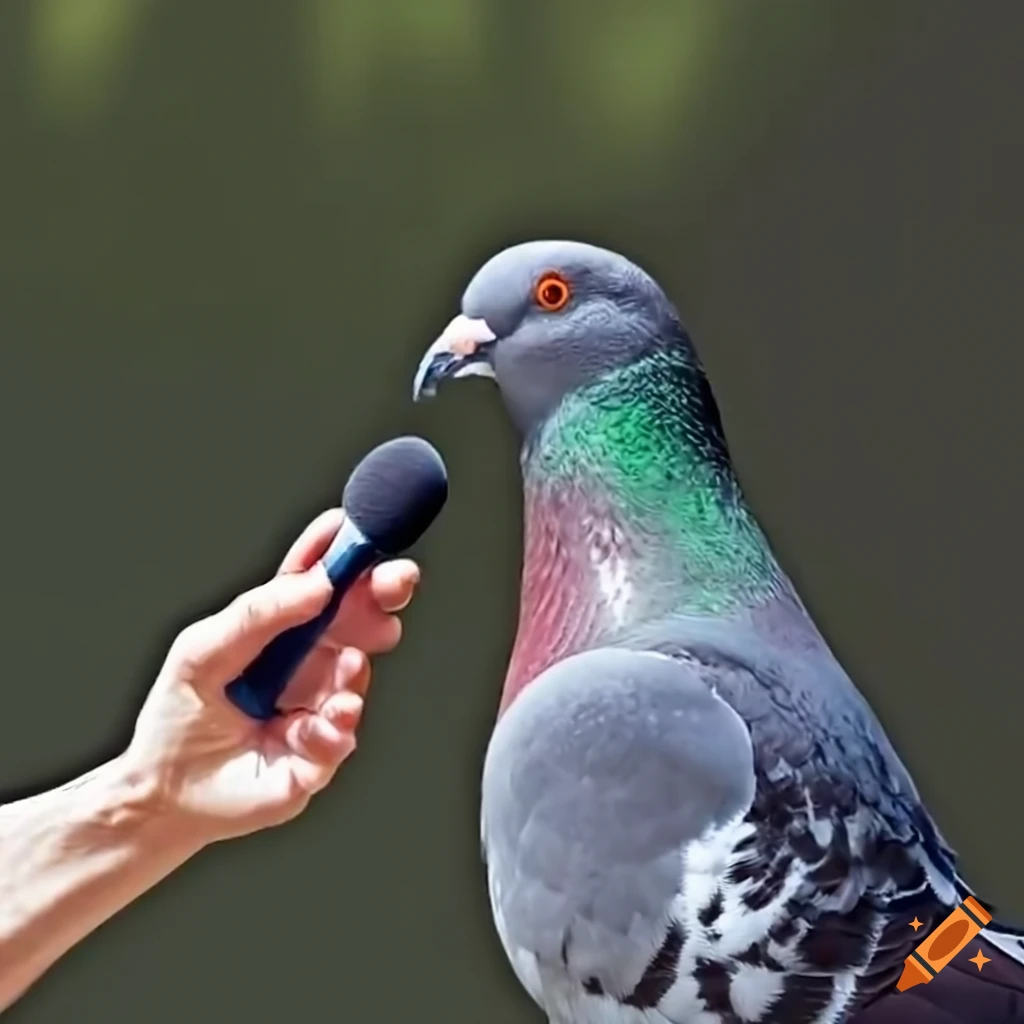 Pigeon being interviewed with a microphone on Craiyon