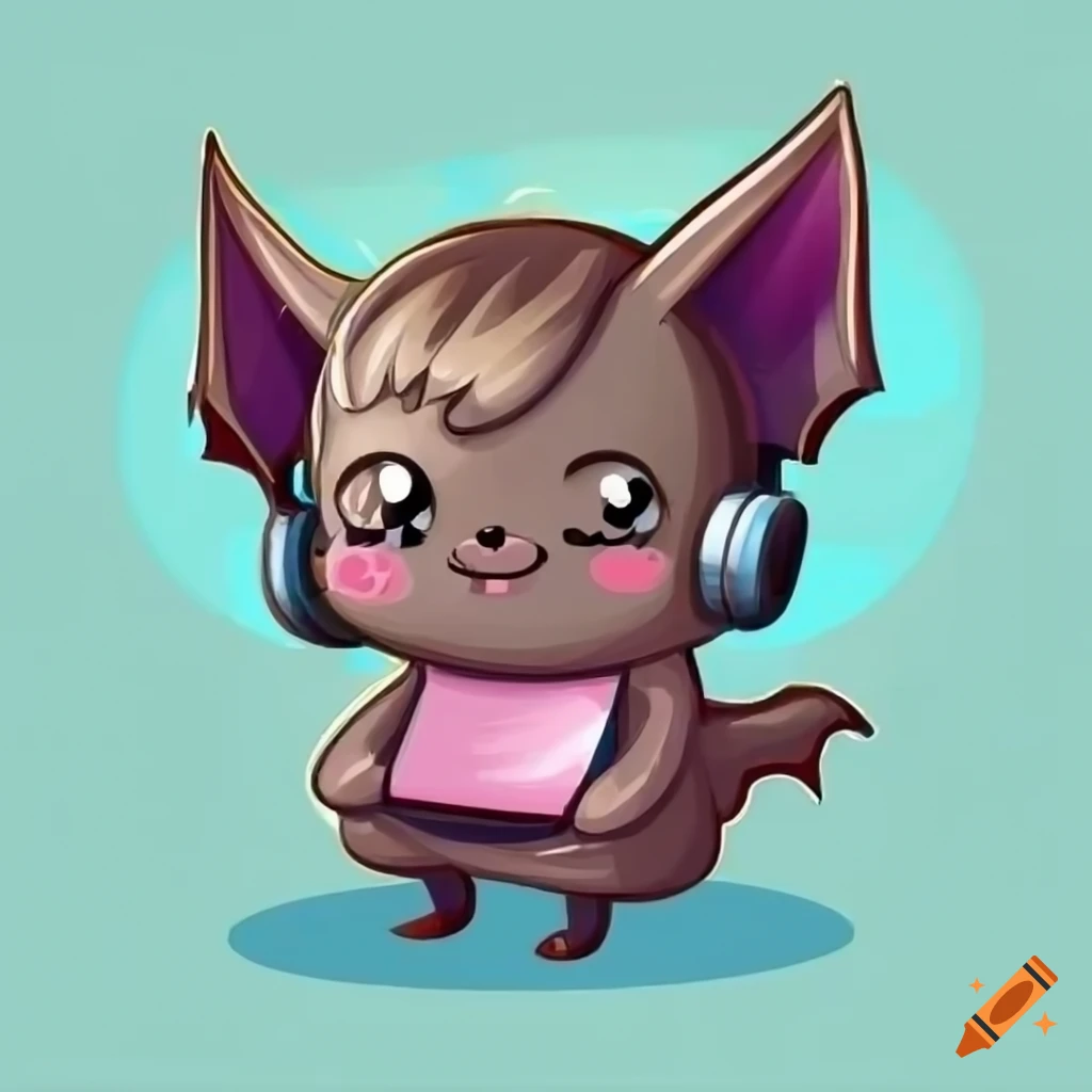 Cute animated chibi kawaii bat with a headset on Craiyon