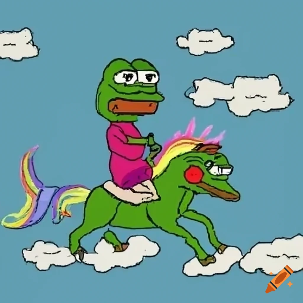 Satirical illustration of pepe the frog riding a unicorn on Craiyon
