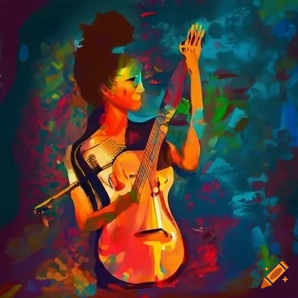 Illustration of a man playing mandolin with a brown mohawk on Craiyon