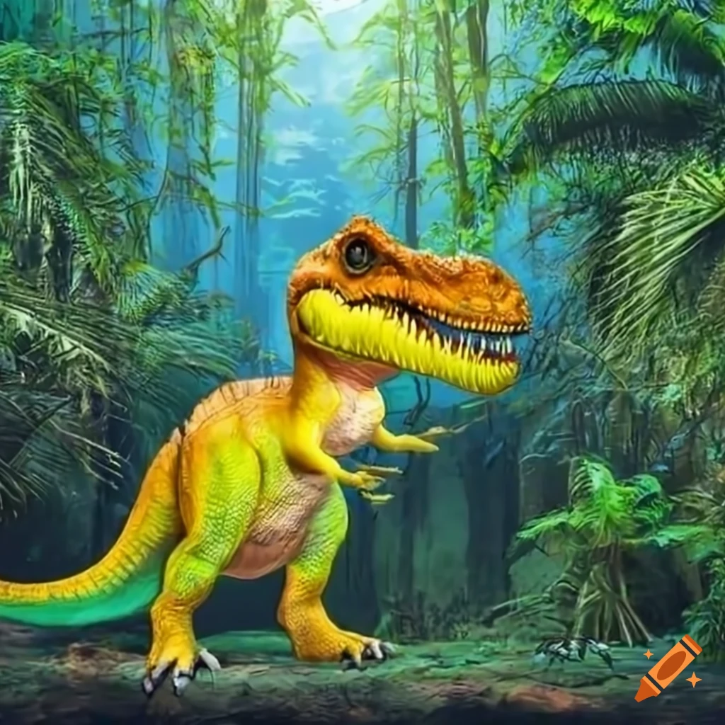 Image of a large yellow tyrannosaurus in a tropical forest on Craiyon