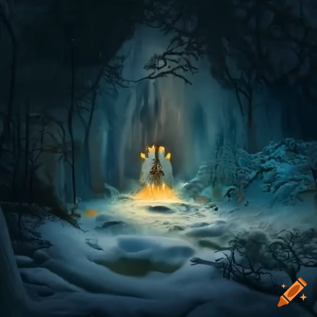 Surreal snowy scene with magical creatures and sparkling lights on Craiyon