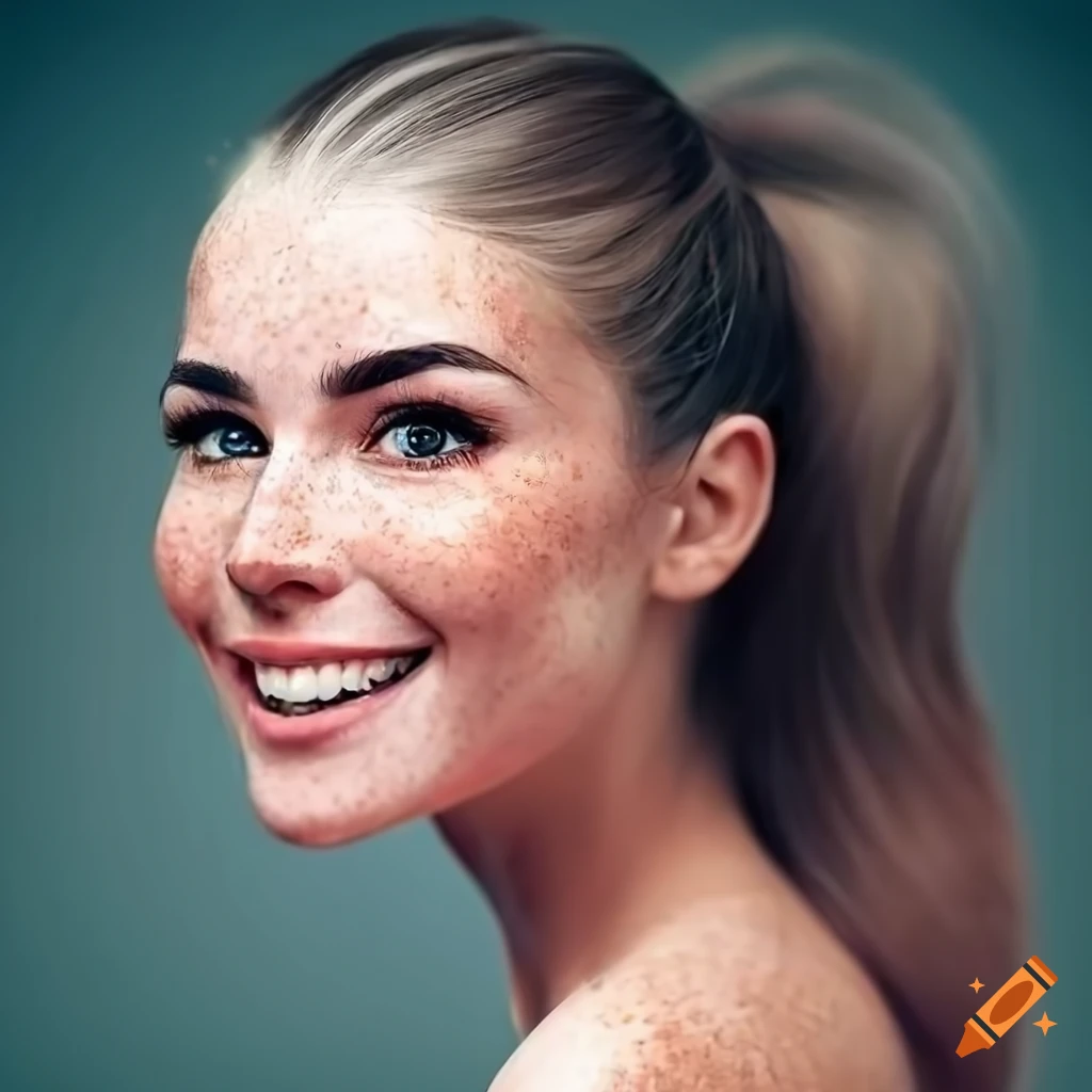 Portrait of a young woman with a beautiful smile and freckles on Craiyon
