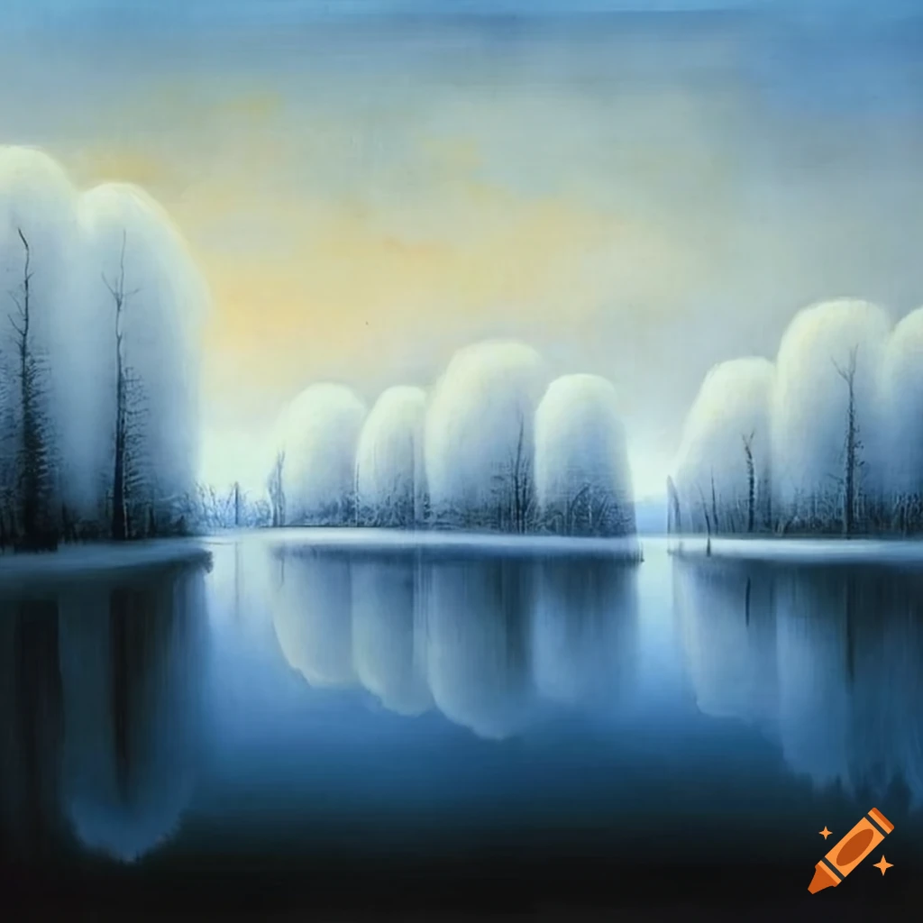 Magritte's painting of fluffy trees by the lake