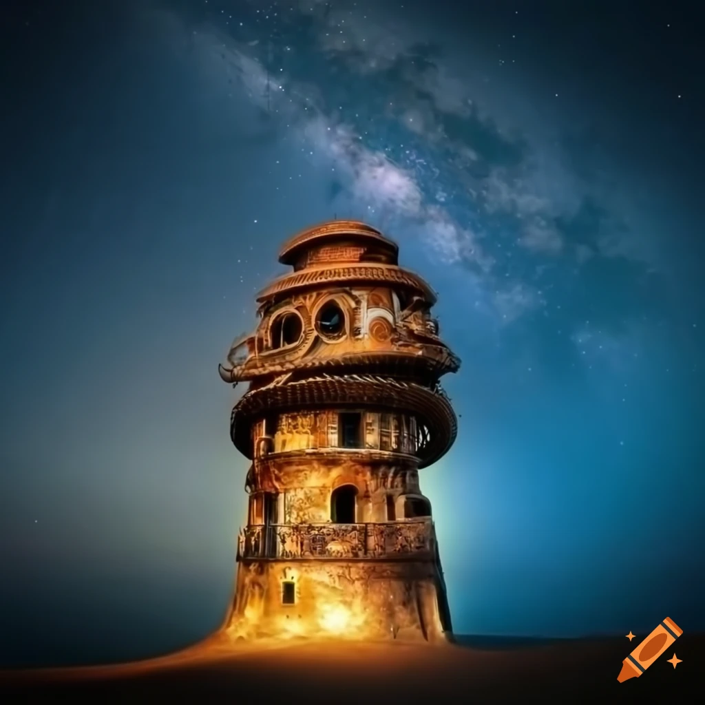 Image of a steampunk tower in a desert with night sky on Craiyon