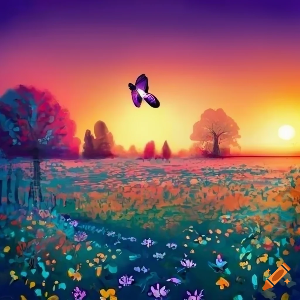 Vibrant drawing of flowers in a sunset field on Craiyon