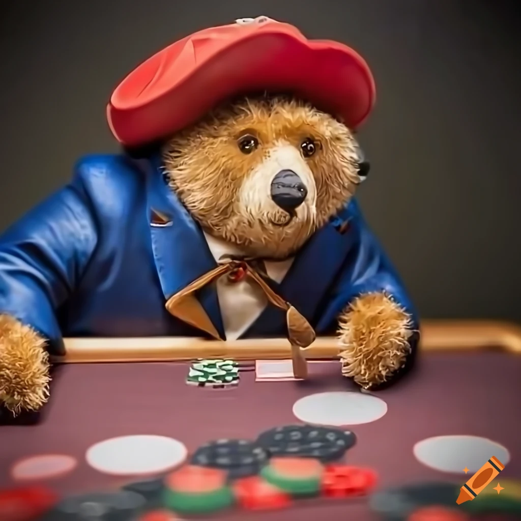 Cartoon image of a well-dressed Paddington Bear playing poker on Craiyon