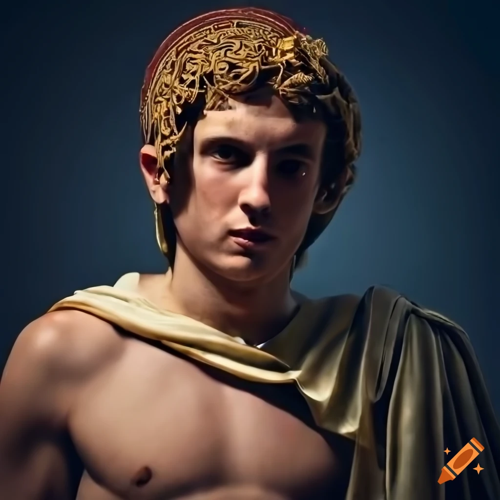 Young roman emperor seated on a golden throne in a greek temple on Craiyon