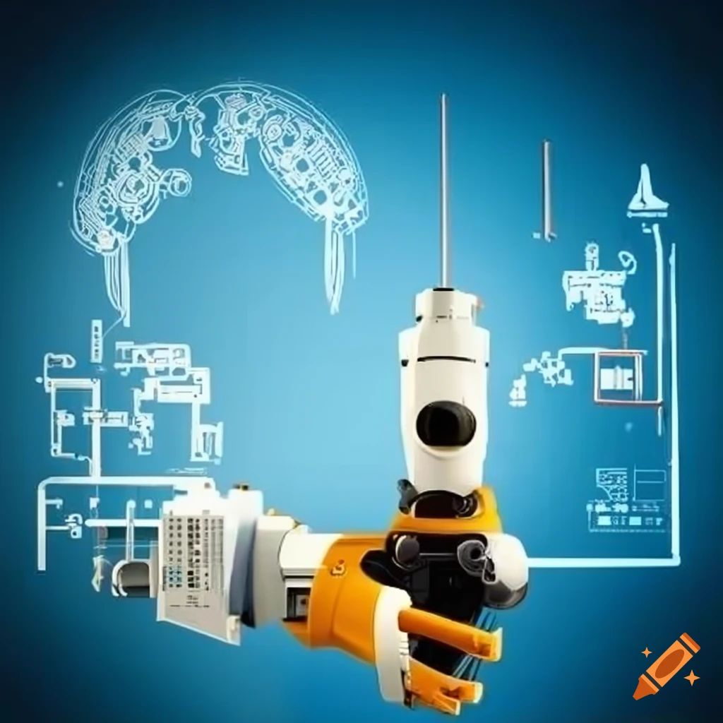 Robot arm holding a plc with electrical engineering symbols