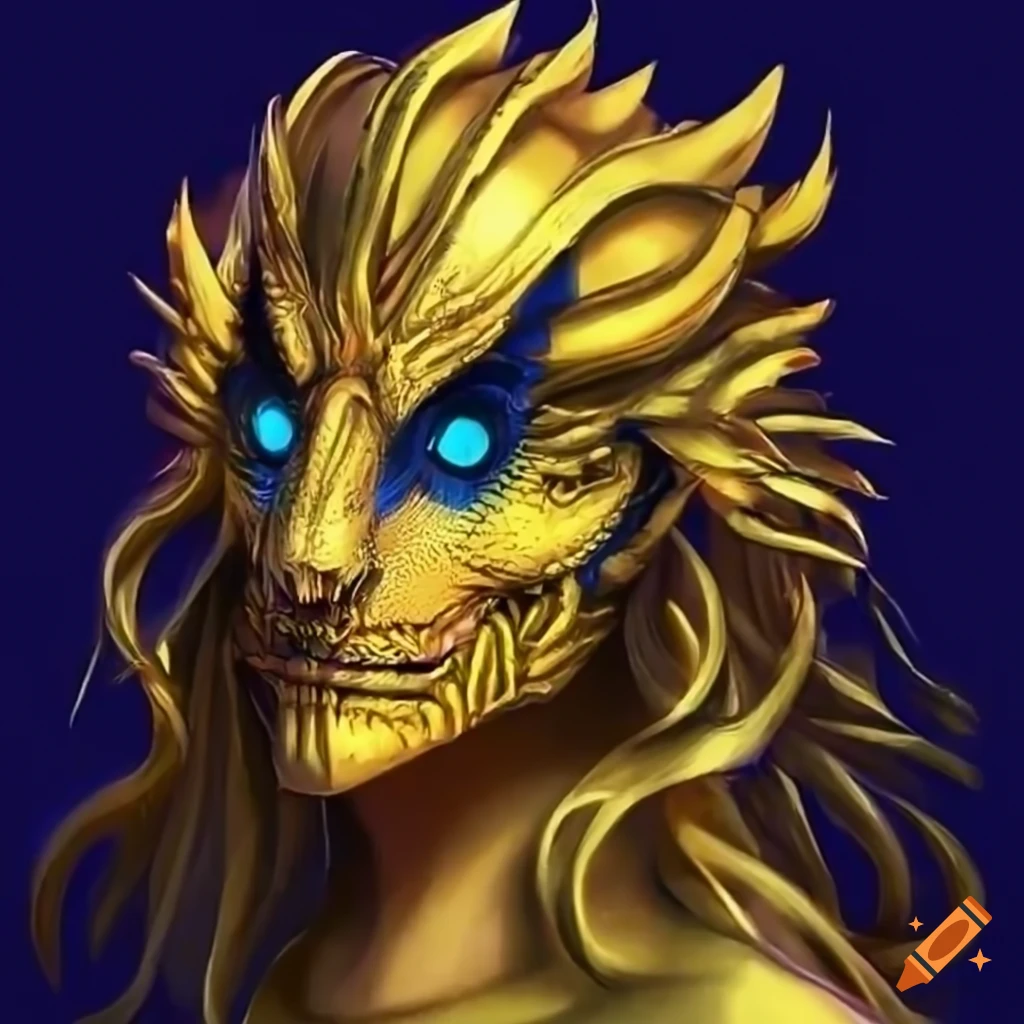 Artistic representation of a golden dragon with blue eyes on Craiyon
