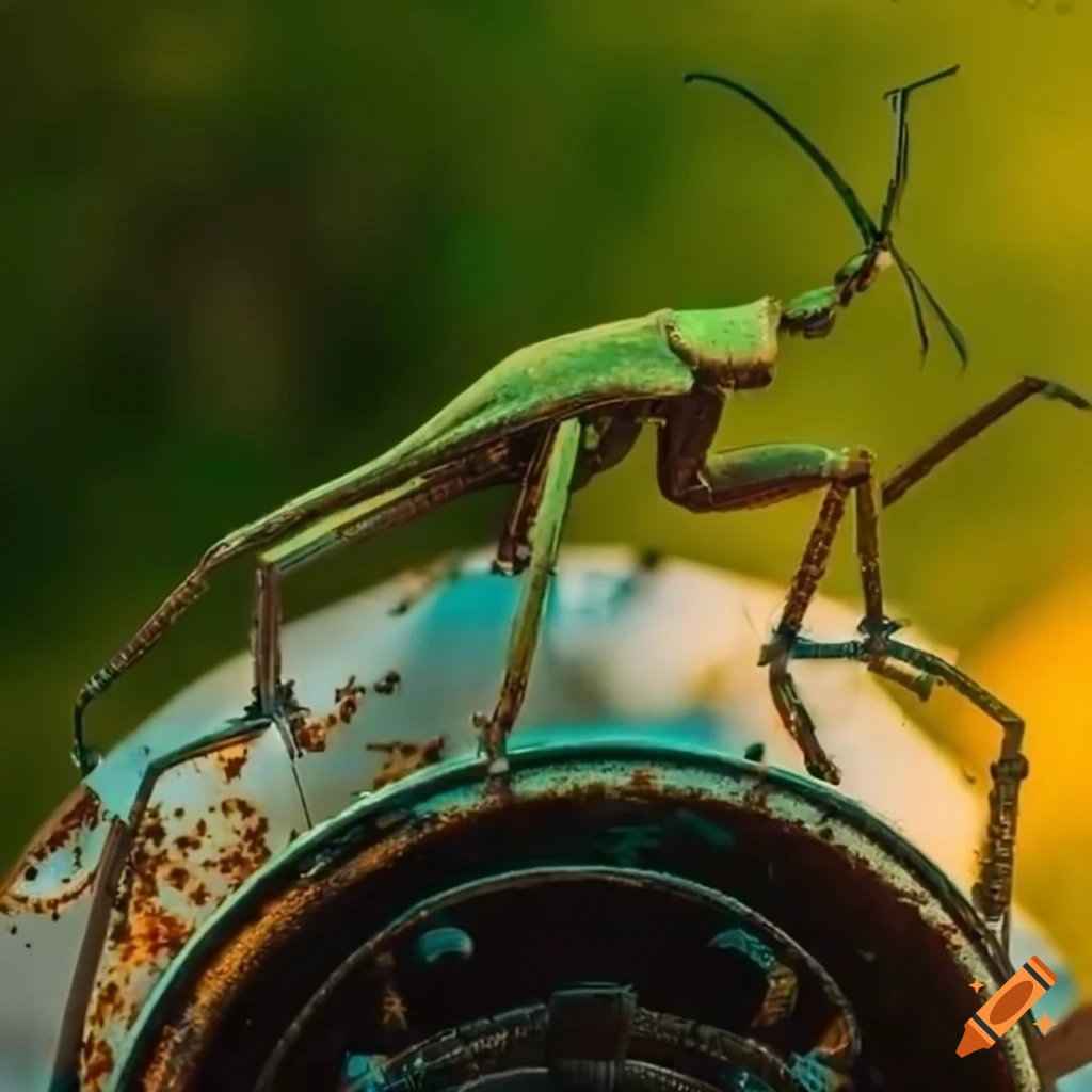 Green stickbug fixing engine on a rusty spacecraft on Craiyon