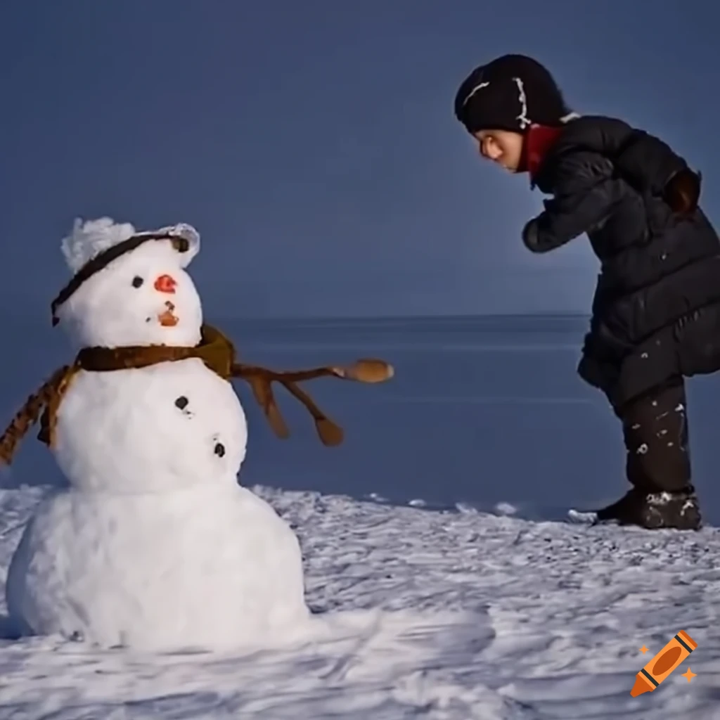 Kid building a snowman with a big smile on Craiyon