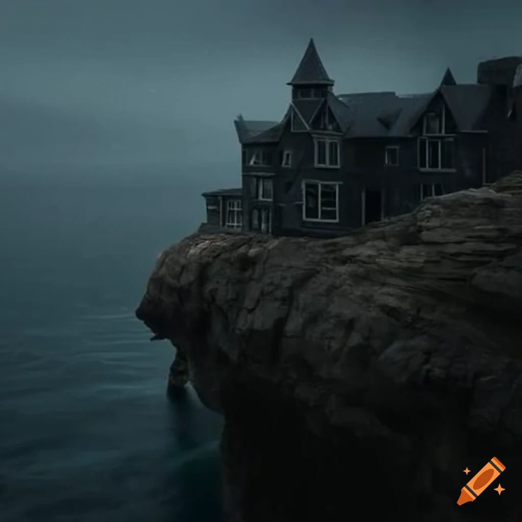 Spooky mansion on a cliff by the ocean on Craiyon