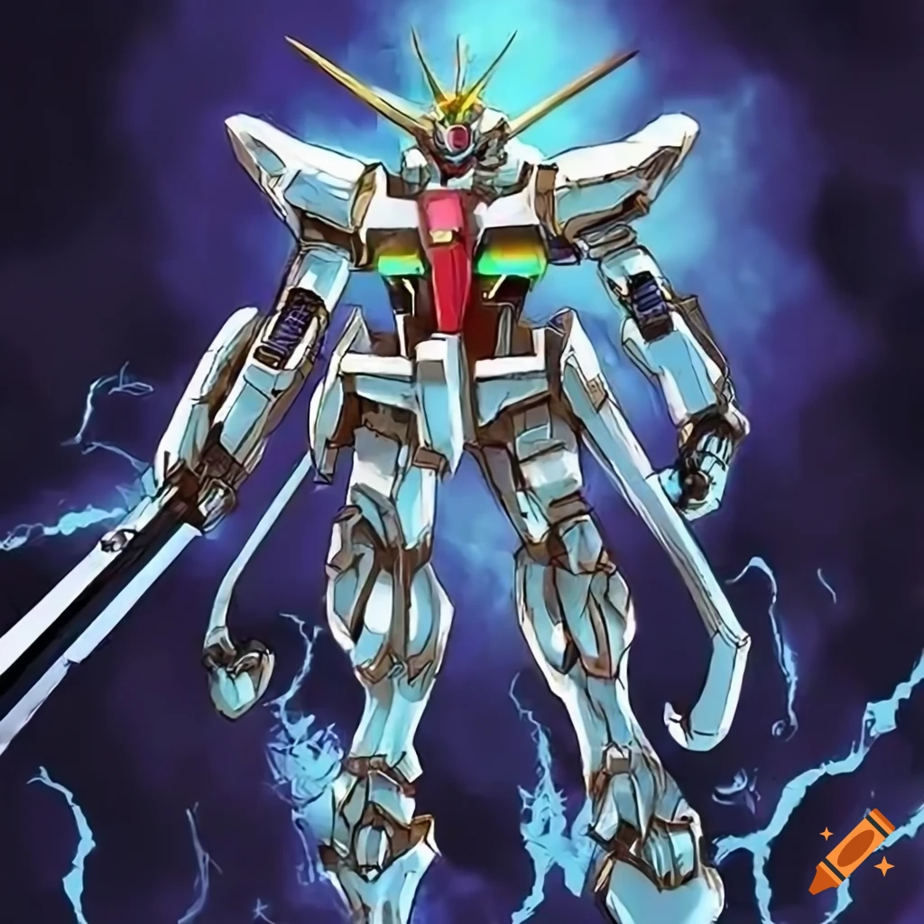 White gold mecha holding a samurai sword in the sky