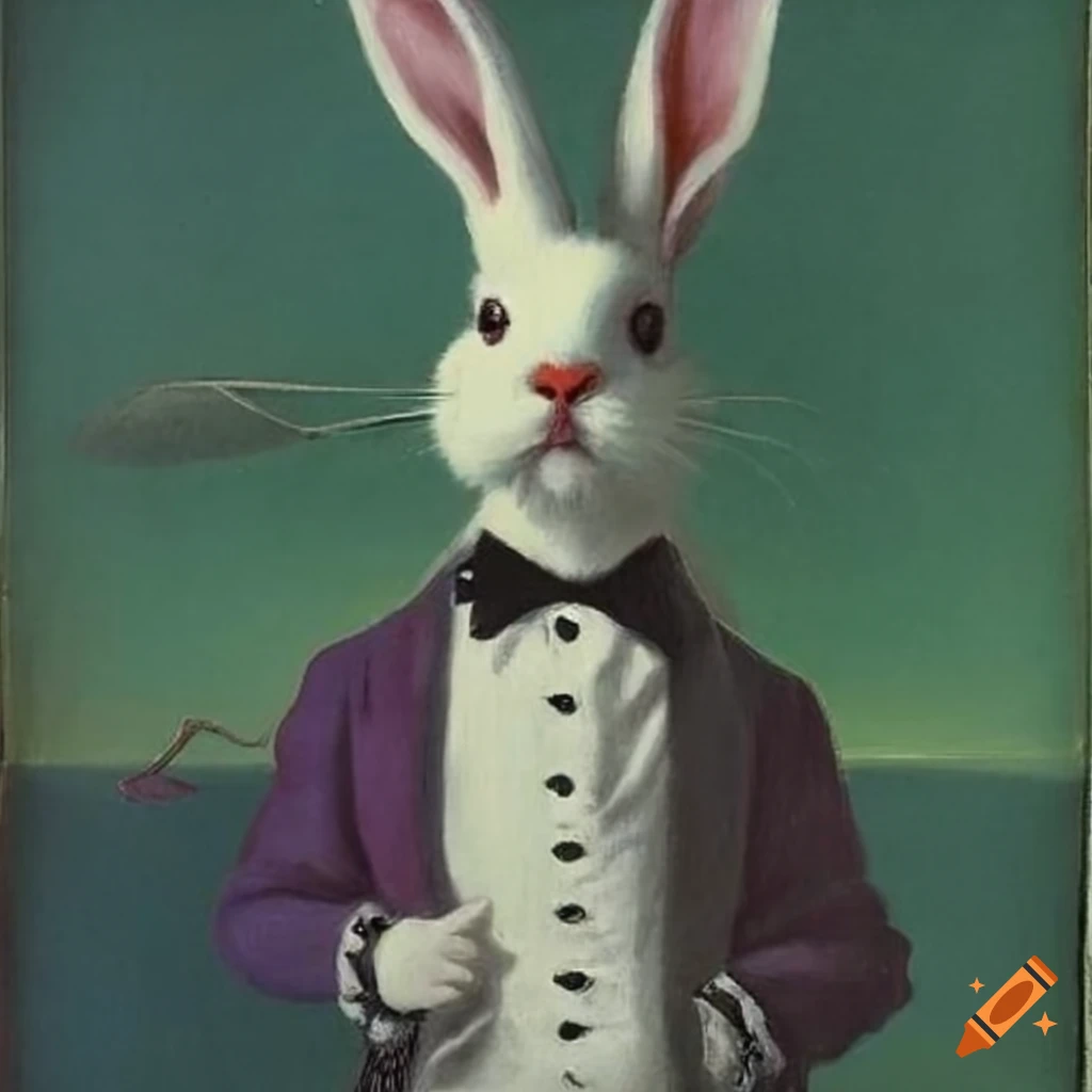Surreal painting of a White Rabbit in Victorian attire on Craiyon