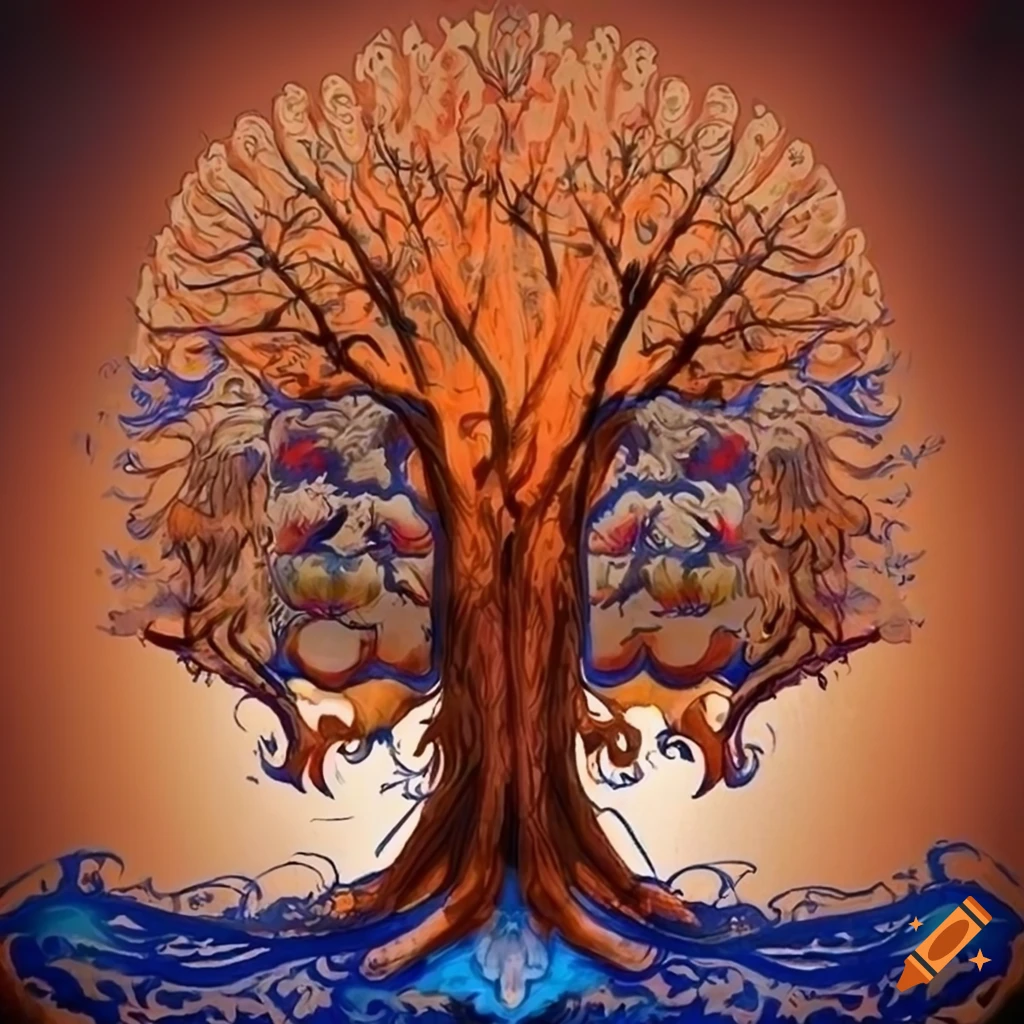 Eramore coat of arms with orange, blue, white and redwood tree on Craiyon