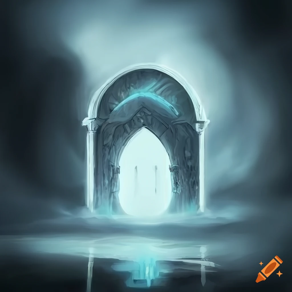 Abstract fantasy art with floating black islands and 7 white doors