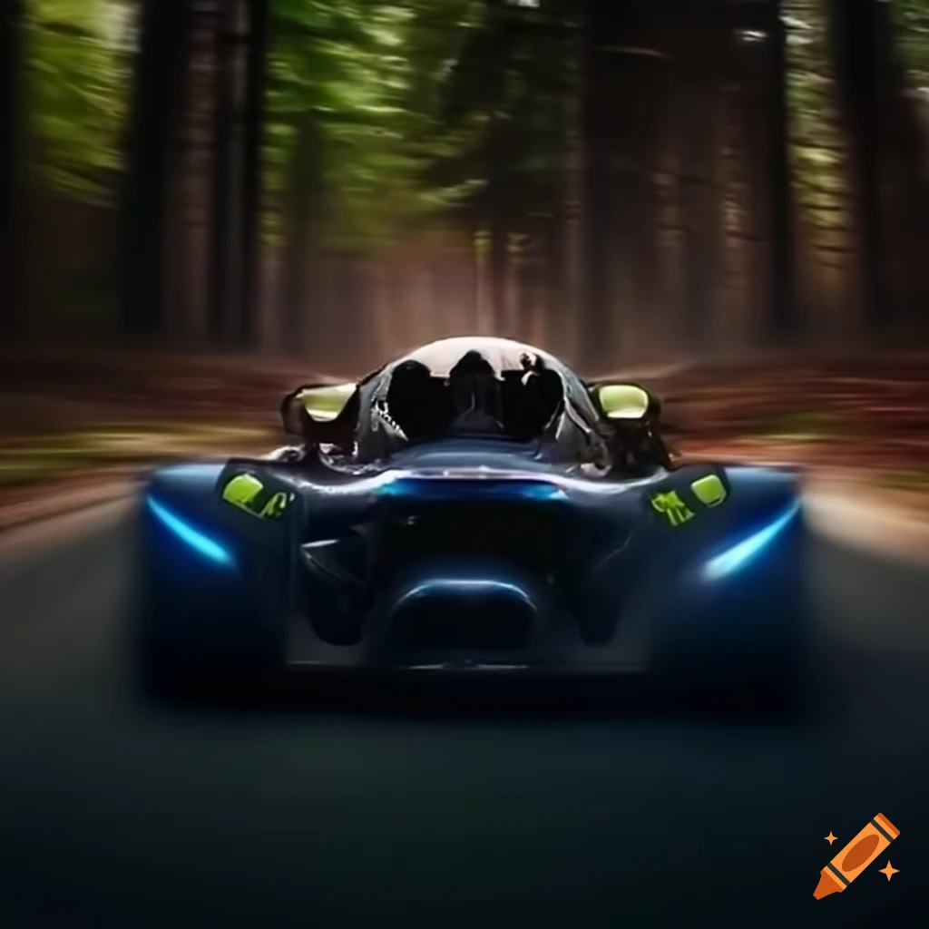 Closeup of an alien racecar on a forest road on Craiyon