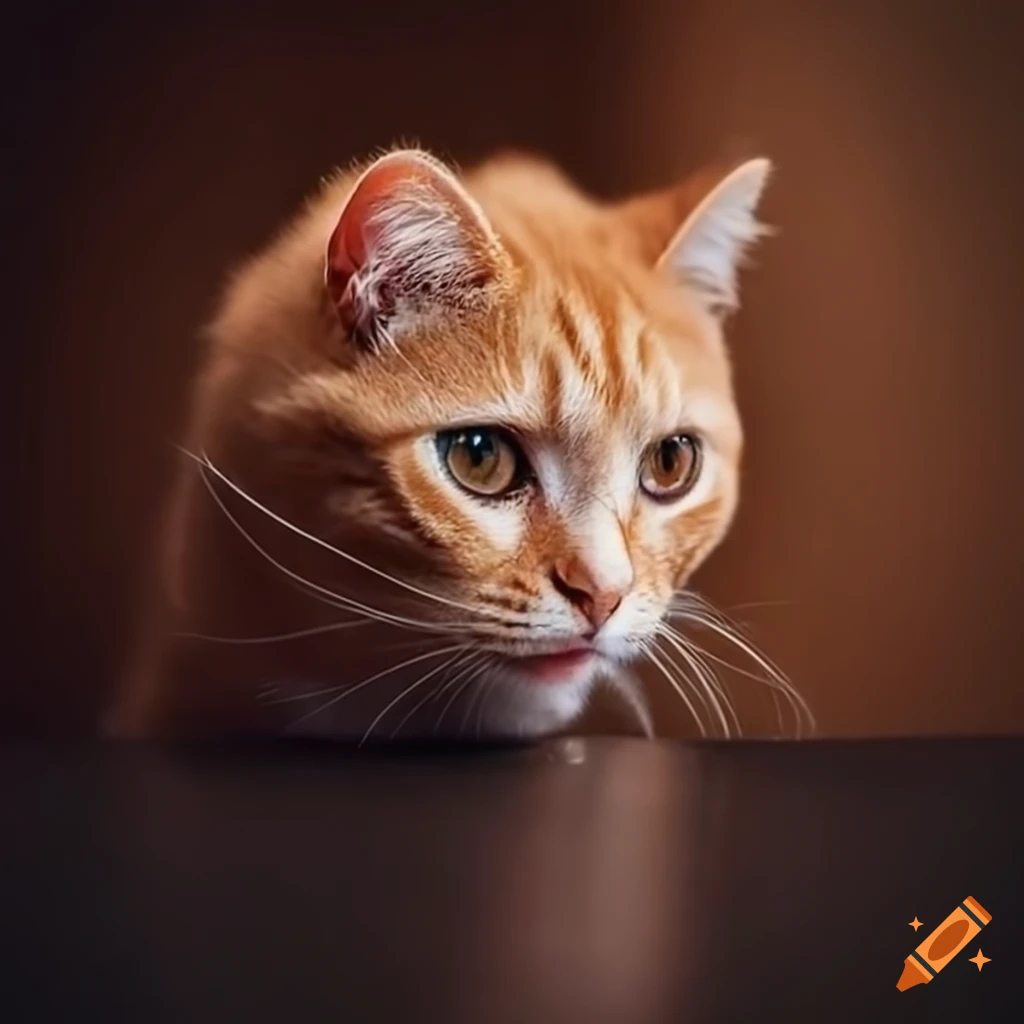Adorable goofy small orange cat with brown eyes