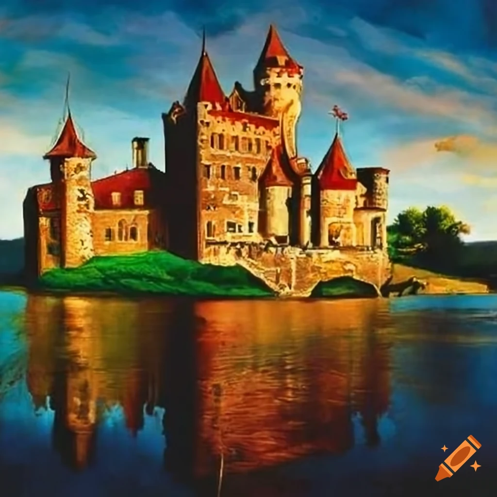 Norman Rockwell style castle by the lake on Craiyon
