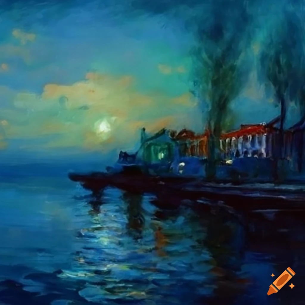 Impressionist style painting of a night seascape on Craiyon