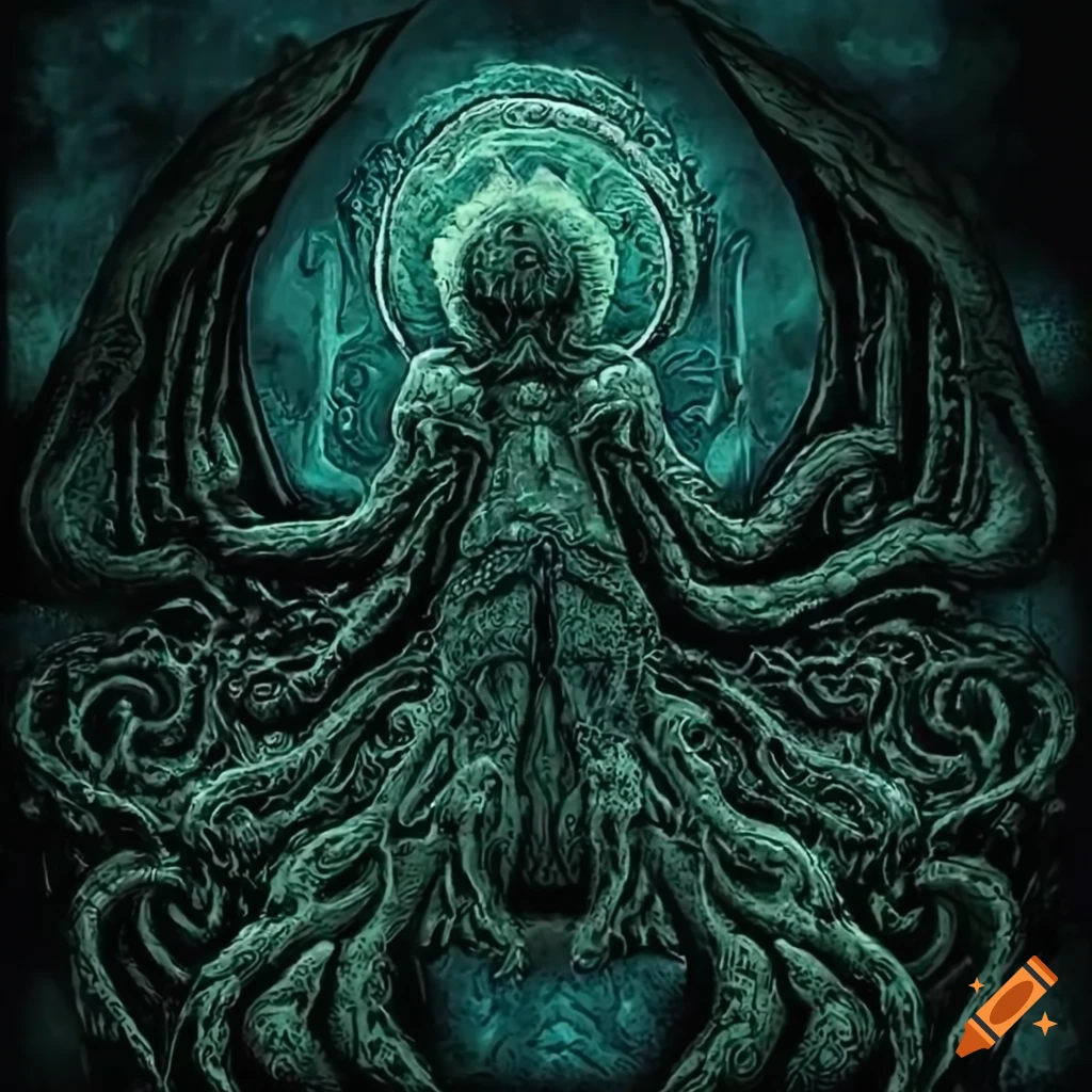 Eldritch god holding a glowing cosmic orb on a throne in otherworldly ...