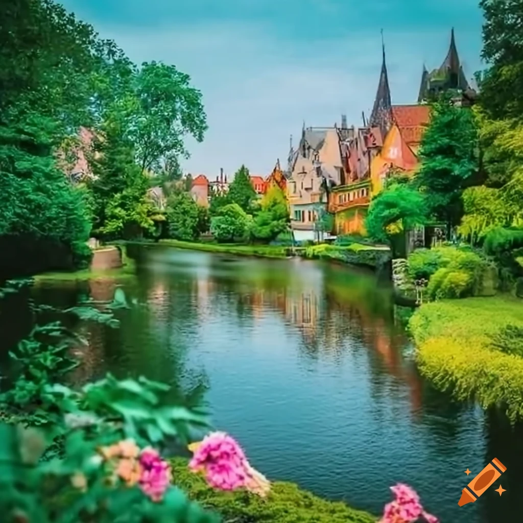 Peaceful town with colorful gardens and parks on Craiyon