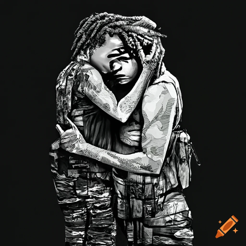 Reggae album cover with a couple in camo gear hugging and crying on Craiyon