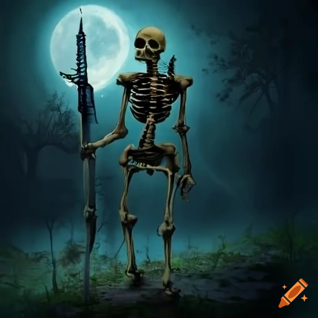 Skeleton warrior with futuristic weapon in a moonlit forest