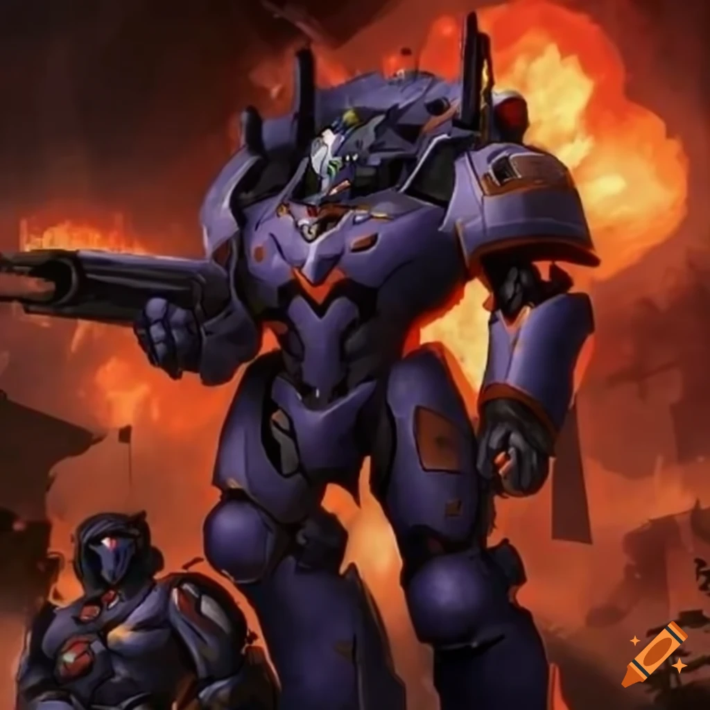 Crossover artwork of evangelion and warhammer 40k mecha on Craiyon