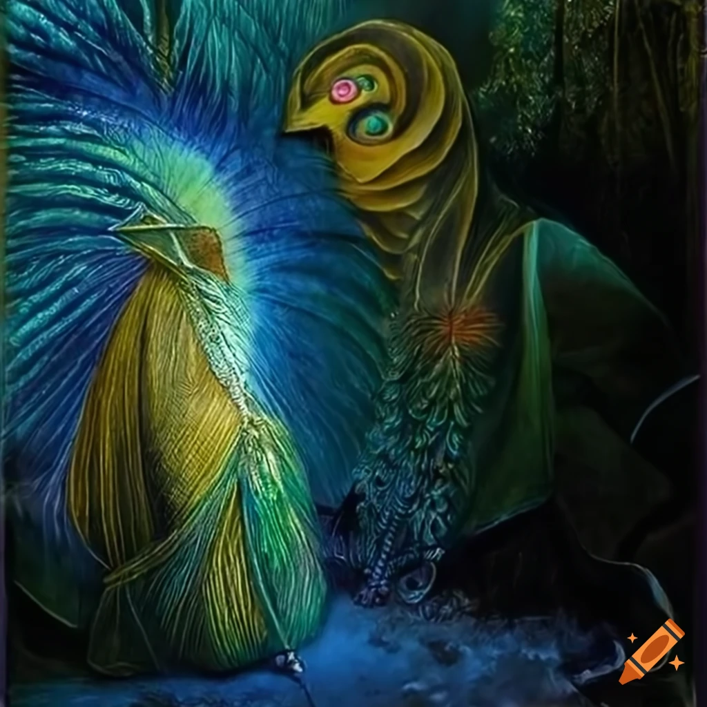 Illustration of a raven in a colorful cloak walking in a forest garden ...