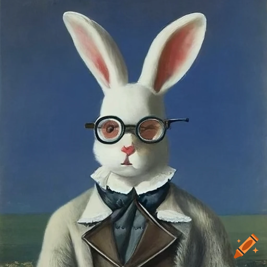 Surreal painting of a white rabbit in victorian attire
