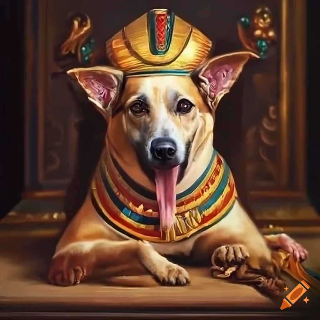 Oil painting of a regal dog in pharaoh attire on Craiyon