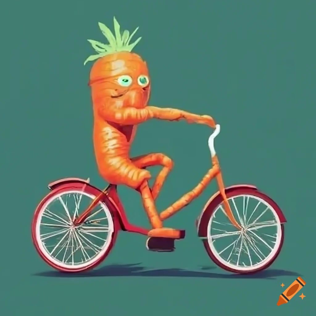 Humorous image of a carrot riding a bike