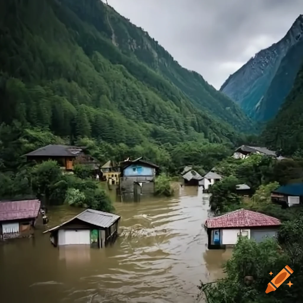 Image of a flooded village in the mountains on Craiyon