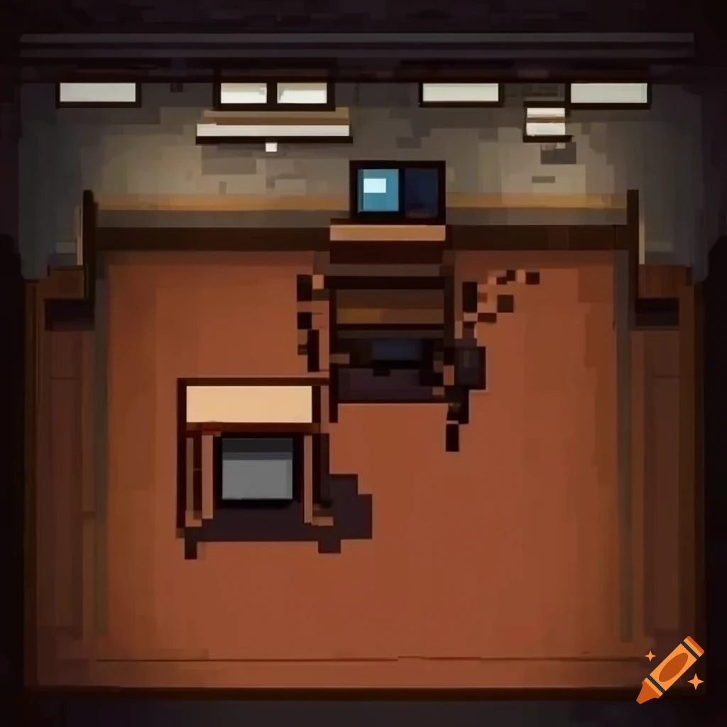 Top view of a pixel art office basement on Craiyon