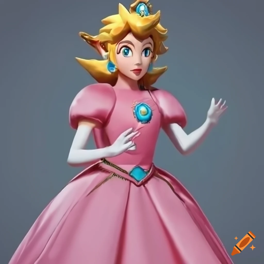 Link in princess peach's pink silk ballgown against a dark backdrop ...