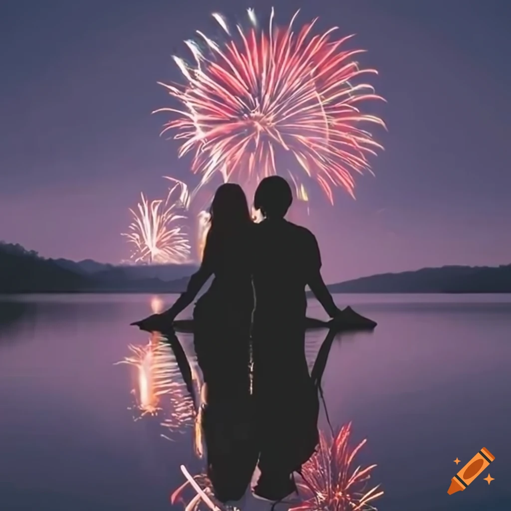Couple in 1940s attire watching fireworks with 'marie' in the sky on Craiyon