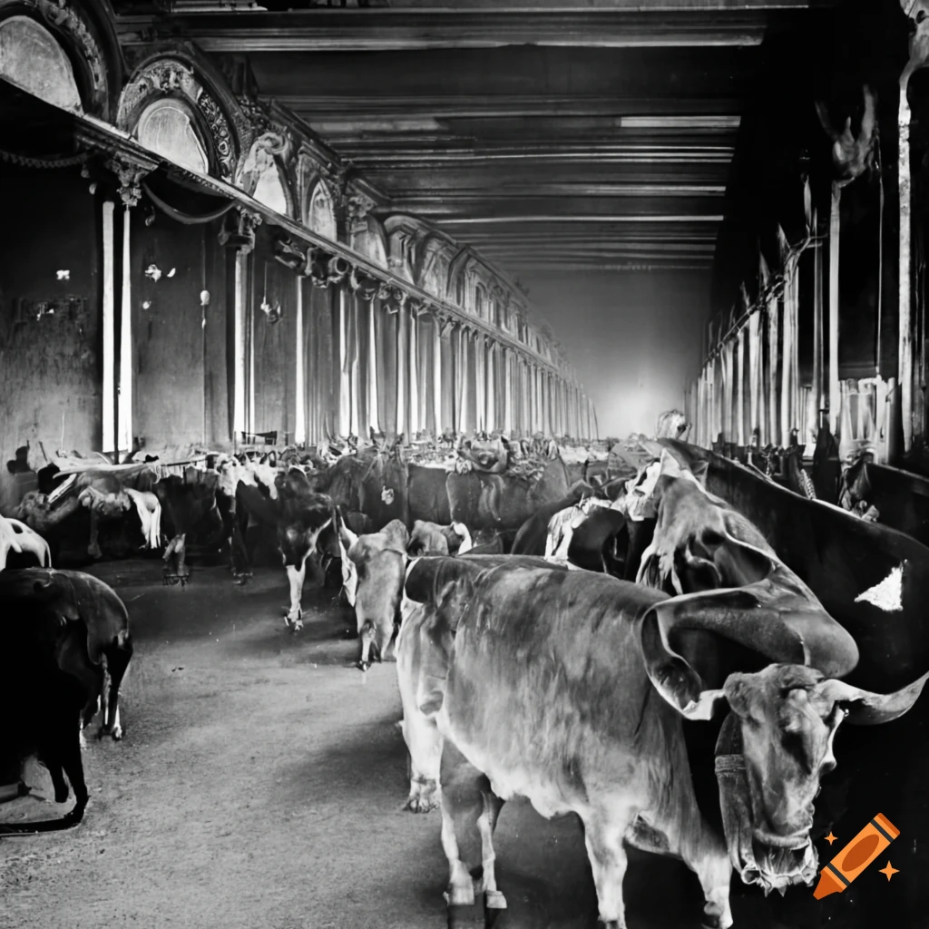 1900s cattle palace with cows in black and white on Craiyon