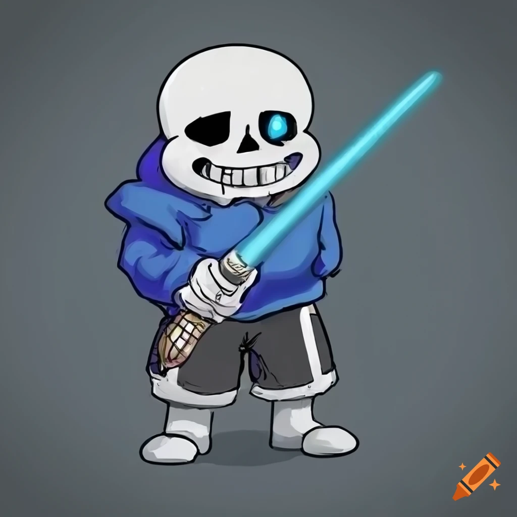 Funny cartoon of Sans holding a blue lightsaber on Craiyon