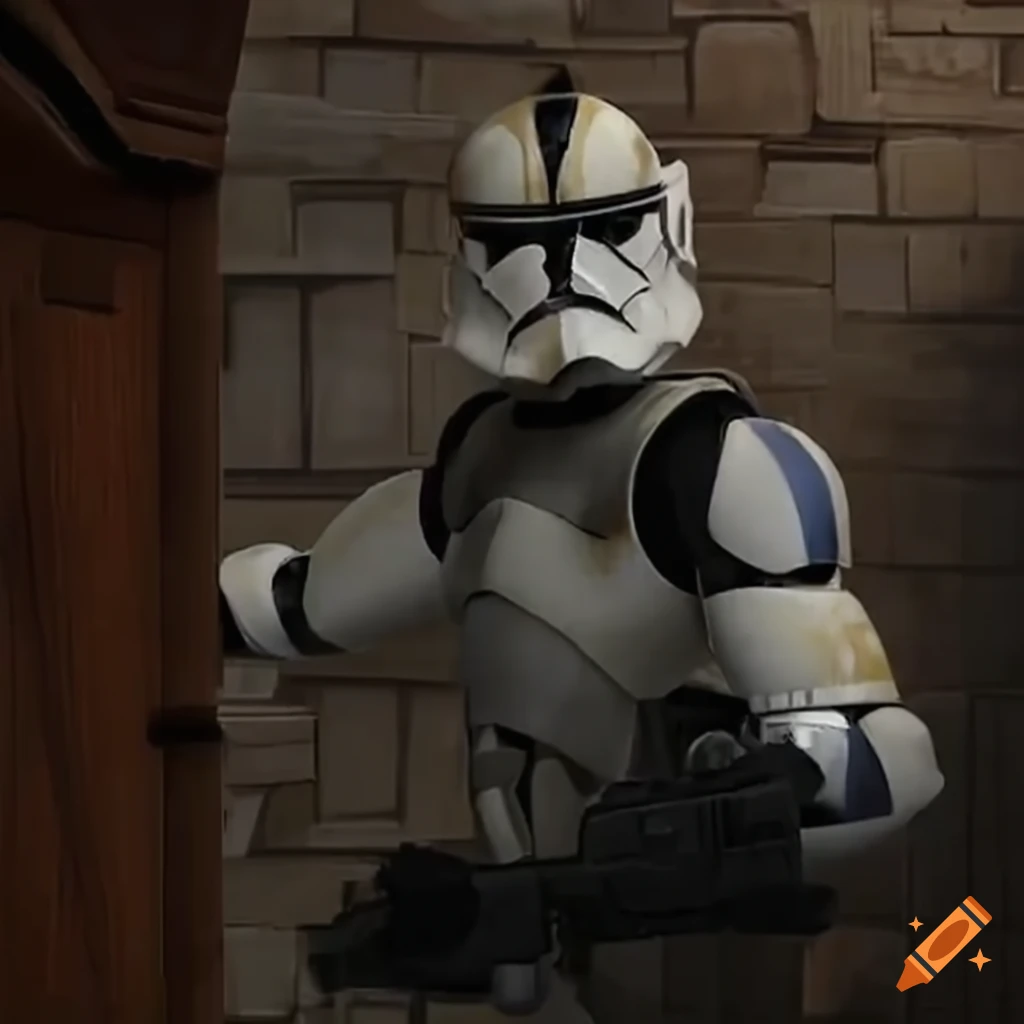 Action scene of a clone trooper breaking into a house