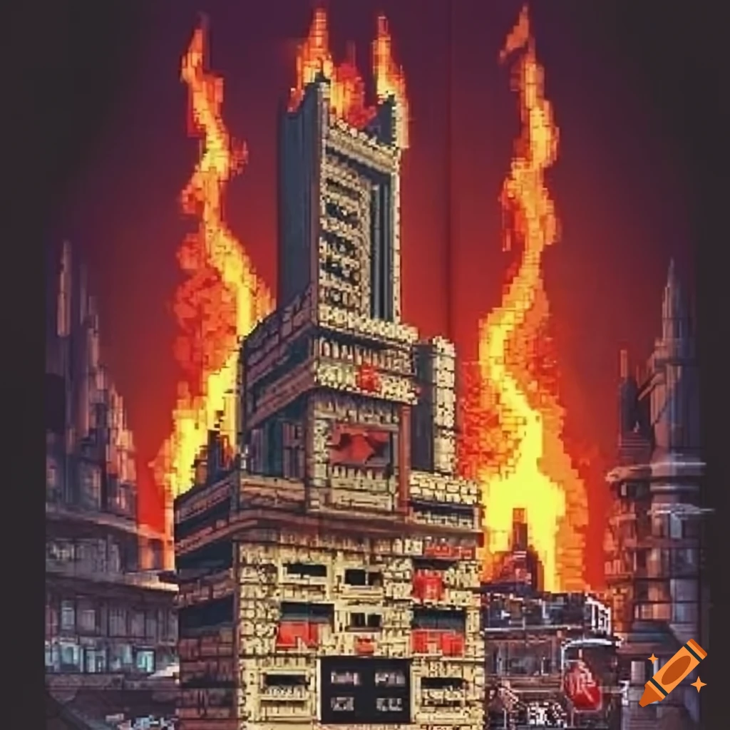 Box art of a tower on fire on Craiyon