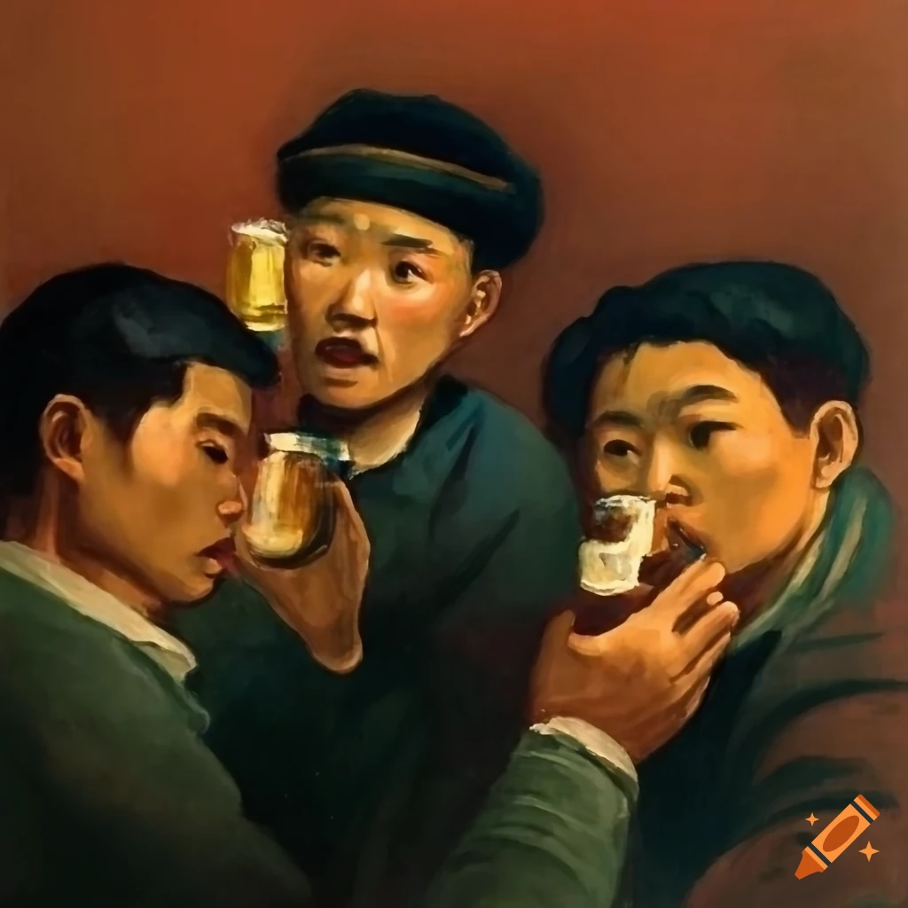 Depiction of chinese locomotive workers enjoying small beers on Craiyon