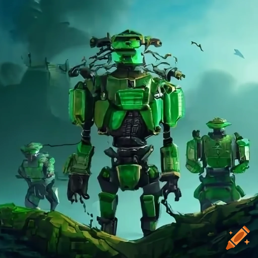 Green robot soldiers on a jungle vine spaceship